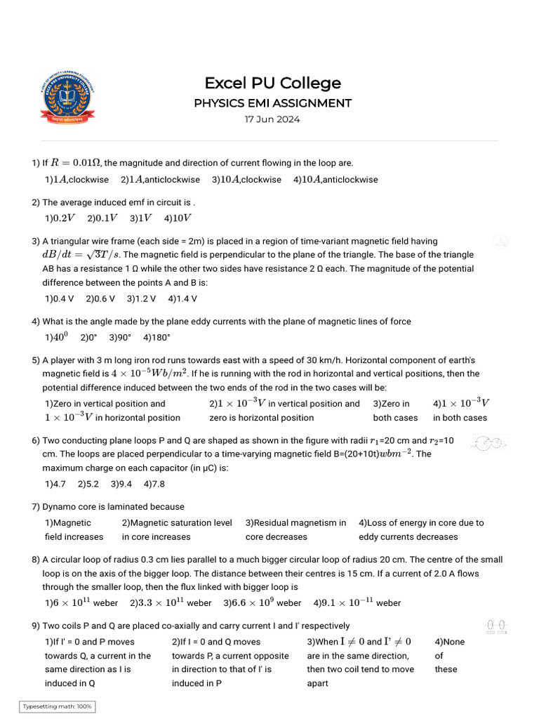 Physics Emi Assignment | PDF | Electromagnetic Induction | Inductor