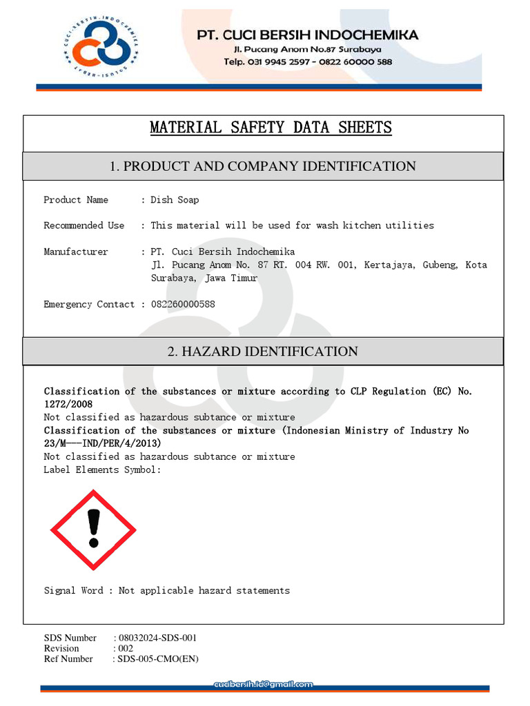 Original MSDS SABUN CUCI PIRING PT. CUCI BERSIH | PDF | Dangerous Goods ...