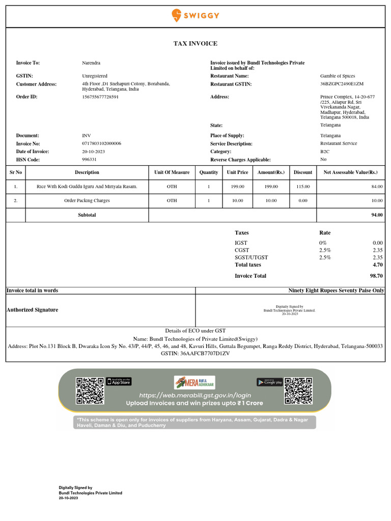 Telangana Restaurant Tax Invoice | PDF | Invoice | Taxation