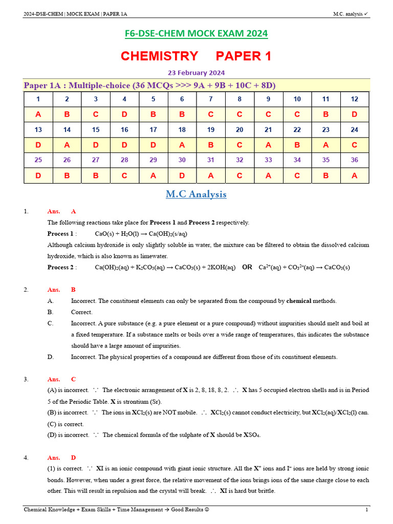 MC Analysis To 2024-DSE-CHEM 1A Mock Exam | PDF | Chemical Equilibrium ...