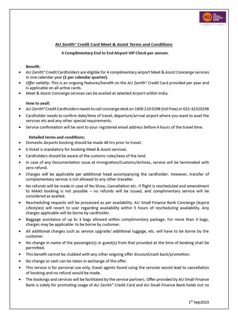 AU Zenith+ Credit Card Airport Services | PDF | Credit Card | Baggage
