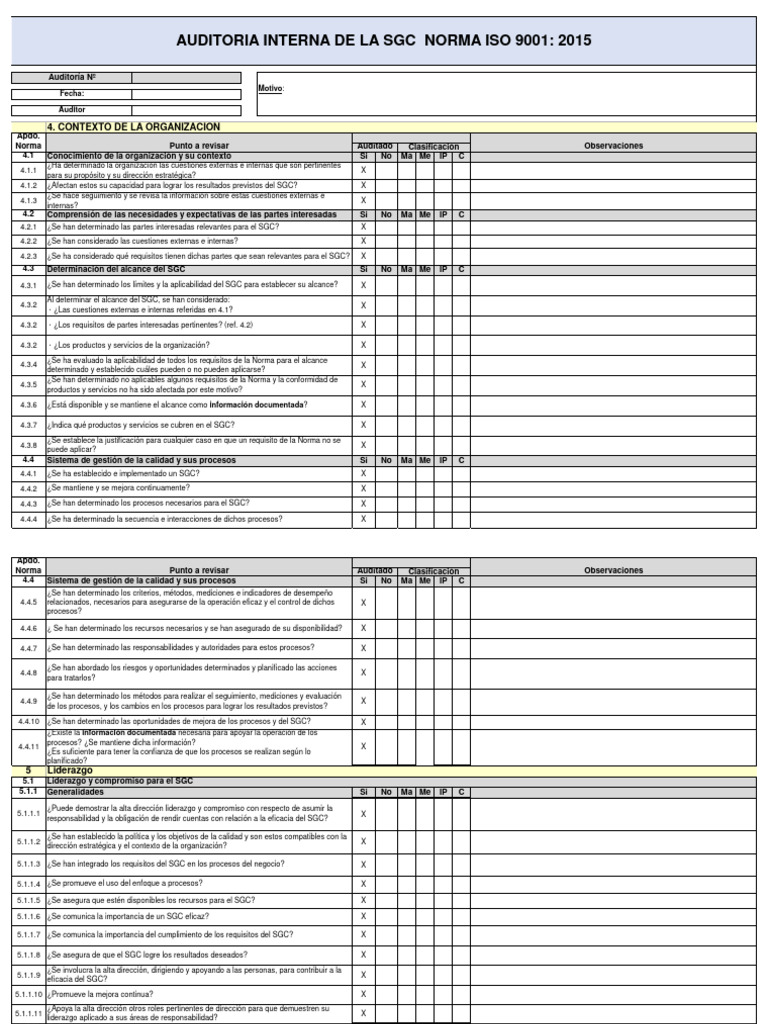 Check List Auditoría Interna ISO 90012015 | PDF | Calidad (comercial ... Check List Auditoría Interna ISO 90012015 | PDF | Calidad (comercial ...
