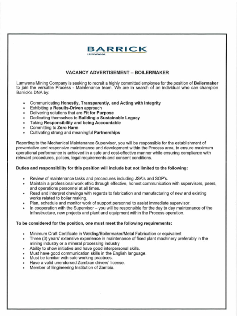 Vacancy Advertisement Boiler Maker | PDF