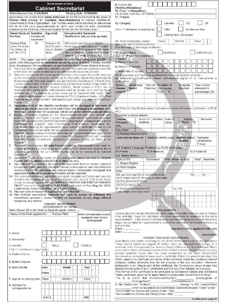 Cabinet Secretariat Trainee Pilot Notification and Application Form PDF ...