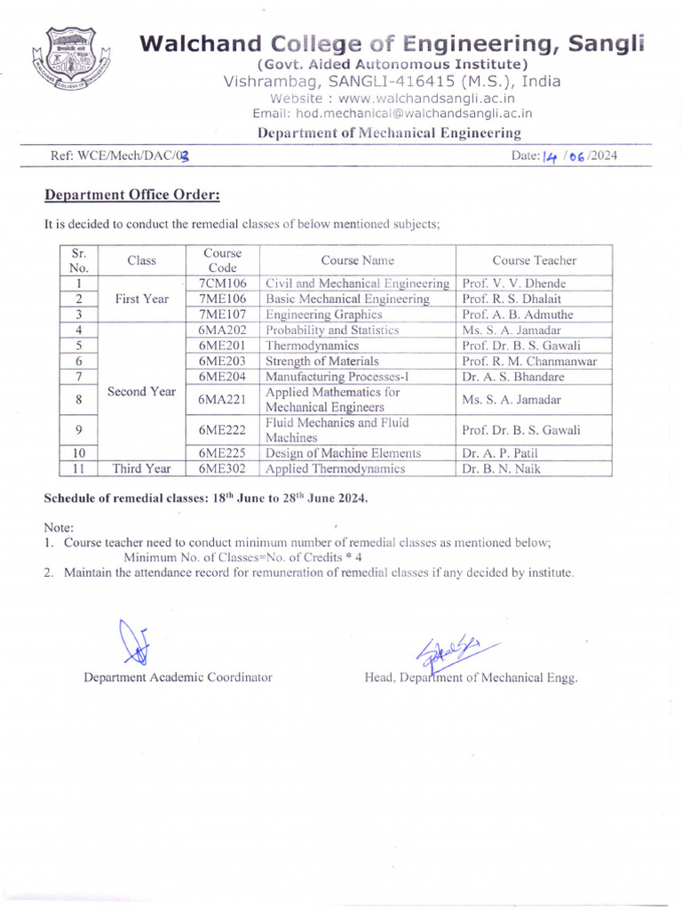 Remedial Class Department Order | PDF
