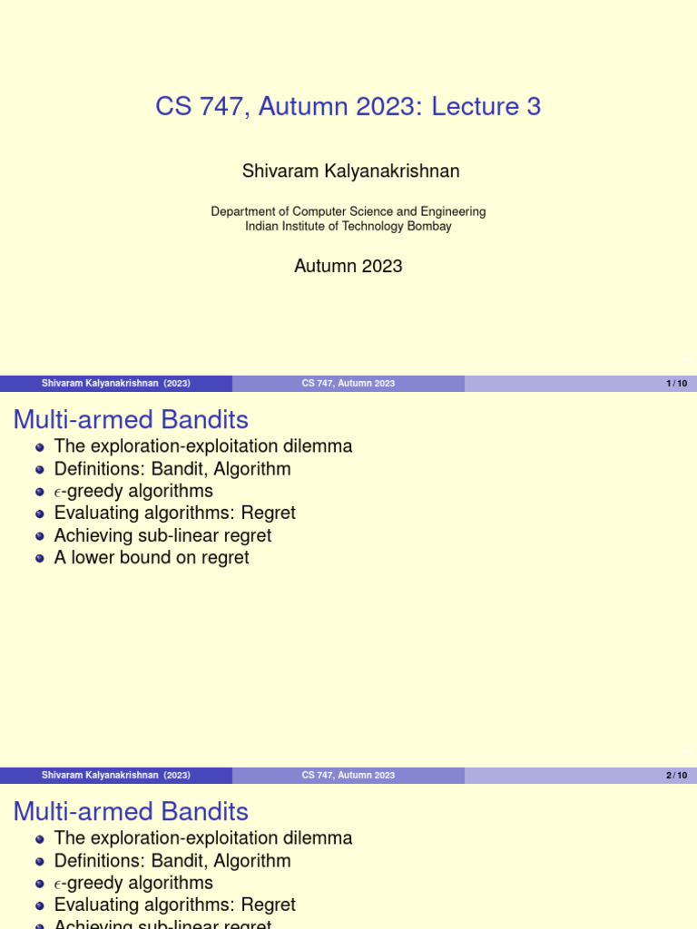 CS 747, Autumn 2023 - Lecture 3 | PDF | Mathematical And Quantitative ...