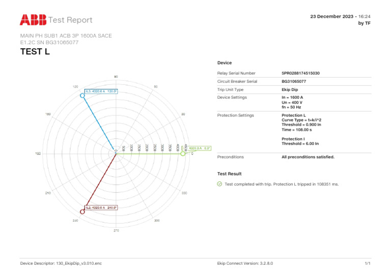 Main PH Sub1 Acb 3P 1600a Sace E1.2c SN BG31065077 - Test L | PDF