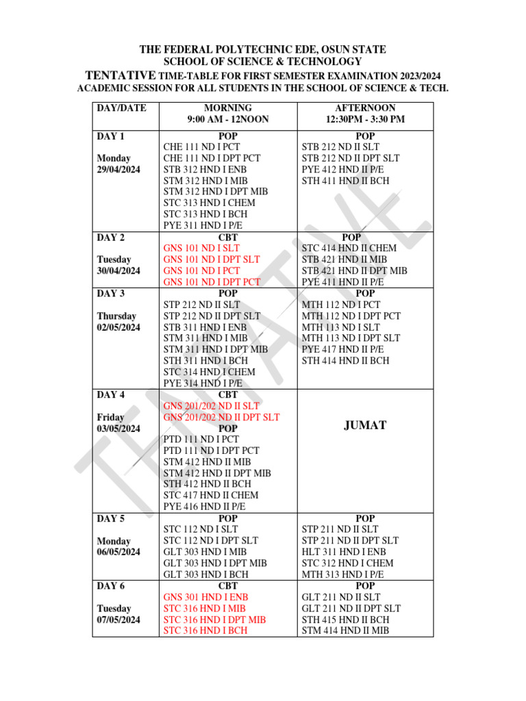 Tentative First Semester 2023 2024 Examination Timetable | PDF