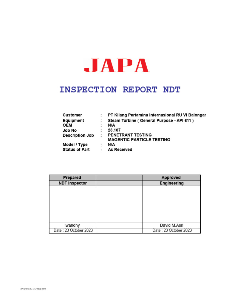NDT Inspection Report (As Receive) . | PDF | Nondestructive Testing ...