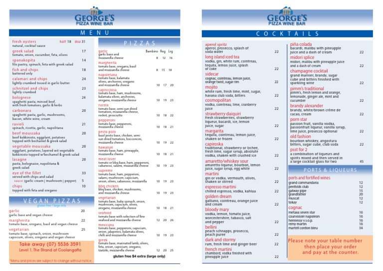 Pizza Bar Menu Coolangatta | PDF | Martini (Cocktail) | Foods