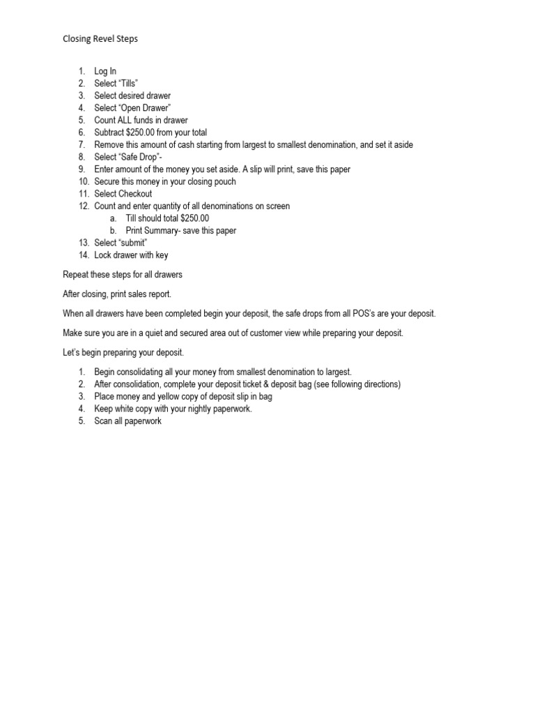 Closing Revel Cash Directions | PDF | Money | Point Of Sale