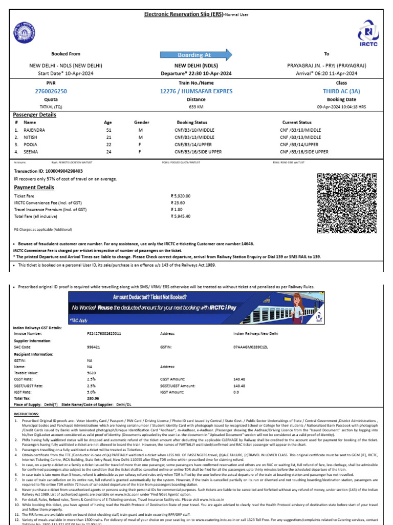 Humsafar Expres Third Ac (3A) | PDF | Identity Document