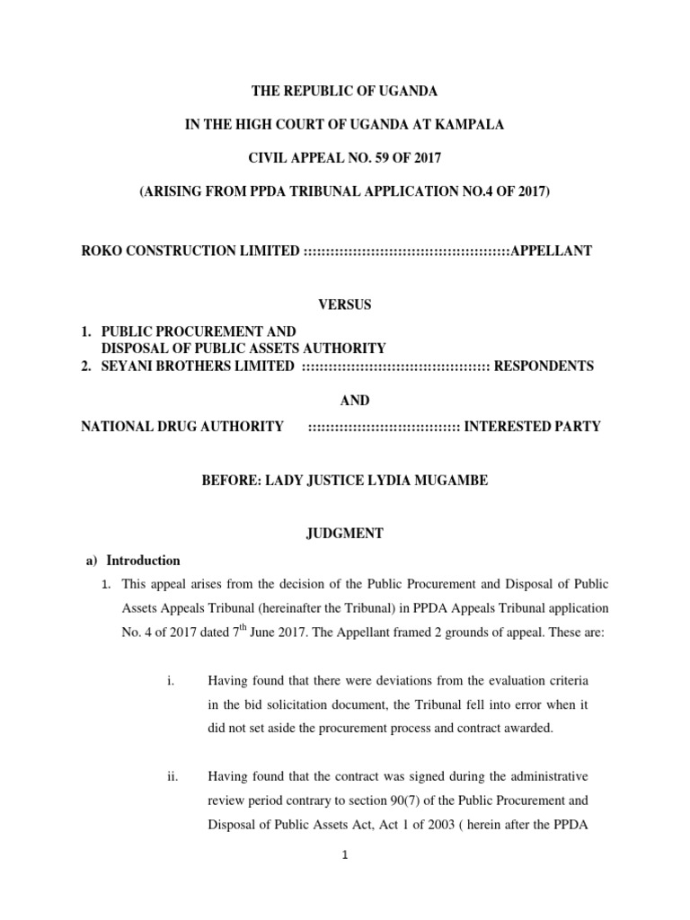 Roko Construction Limited V Public Procurement and Disposal of Public ...
