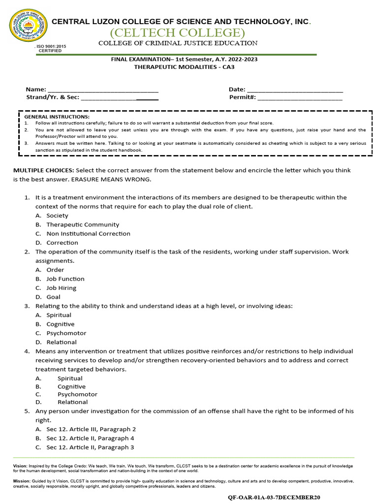 Ca3 Final Exam | PDF | Psychotherapy | Thought