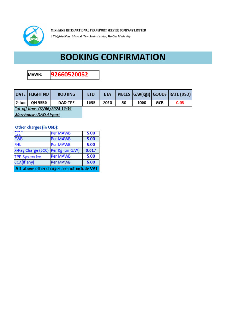 Booking Confirmation for Minh Anh Transport | PDF