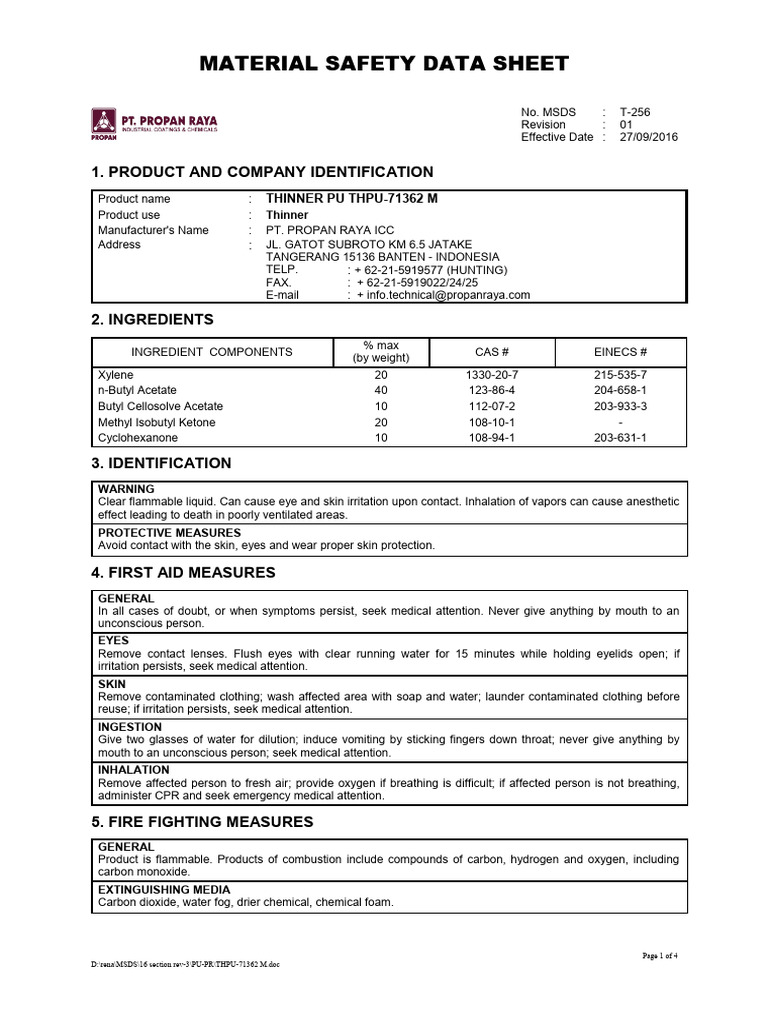 Thinner PU THPU-71362 MSDS Guide | PDF | Combustion | Firefighting