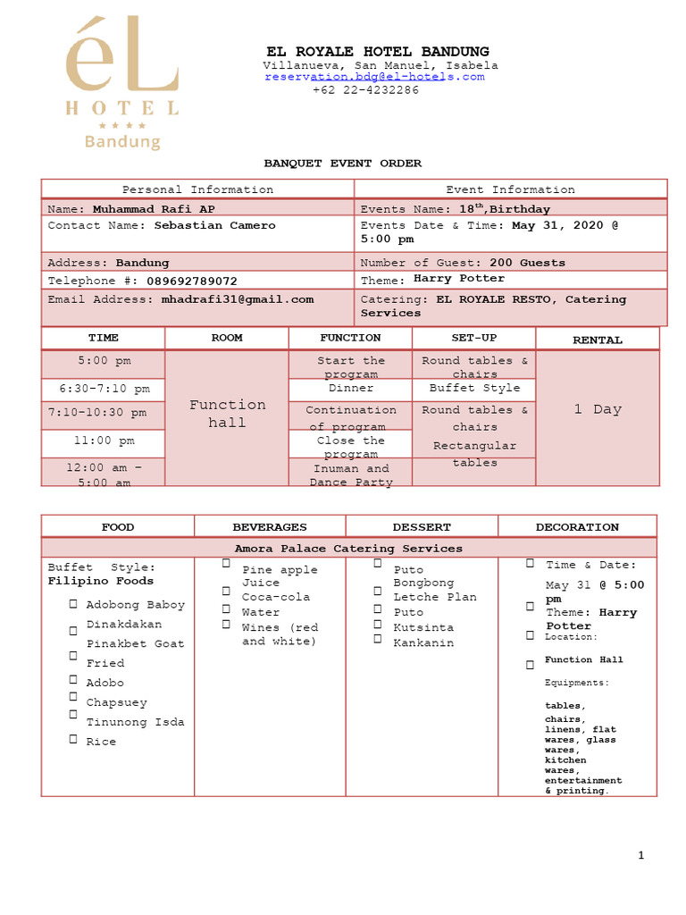 BEO Muhammad Rafi Adyatma P | PDF | Asian Cuisine | Cuisine