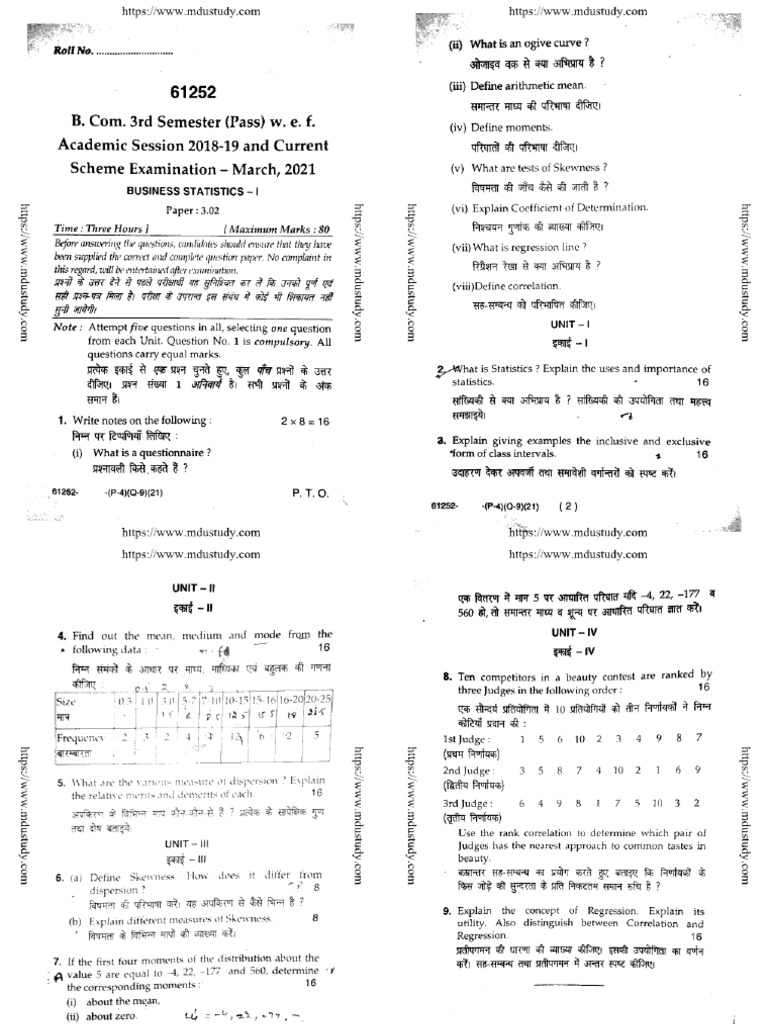 Bcom 3 Sem Business Statistics 1 61252 Mar 2021 | PDF
