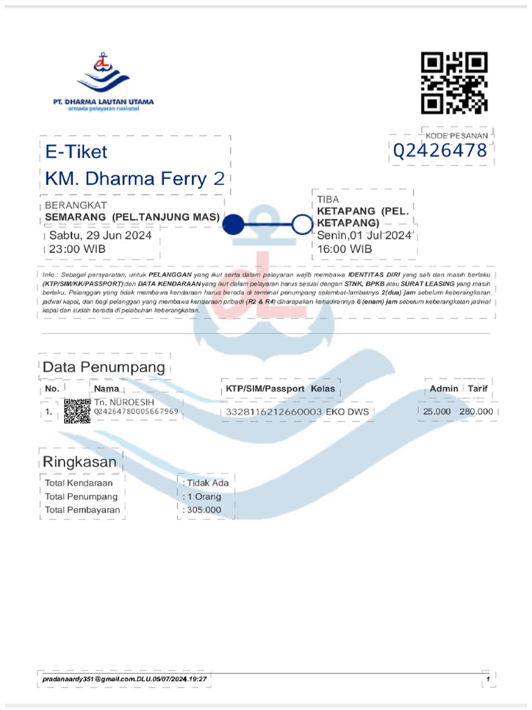 E-Tiket KM Dharma Ferry 2 2024 (Semarang - Ketapang) . | PDF