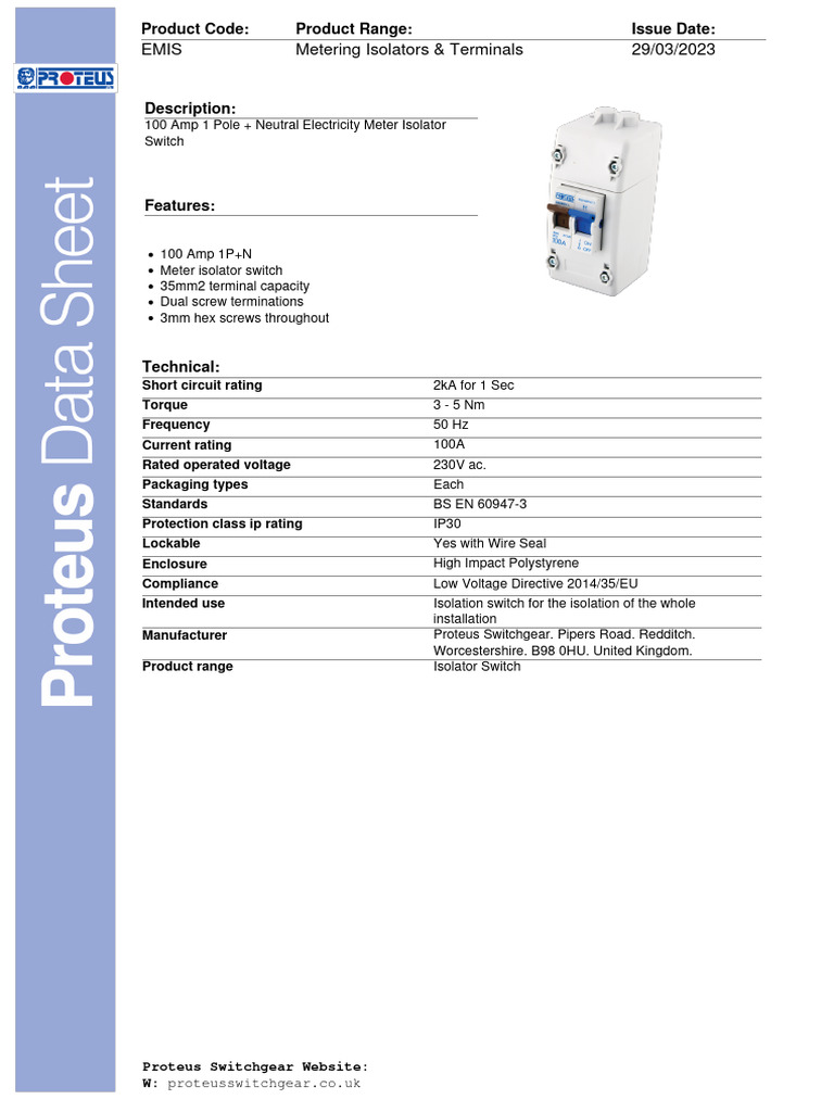 100A Meter Isolator Switch Overview | PDF | Switch | Alternating Current