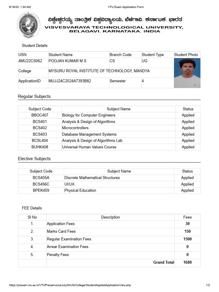 VTU Exam Application Form - Poojan | PDF | Applied Mathematics | Computer Science
