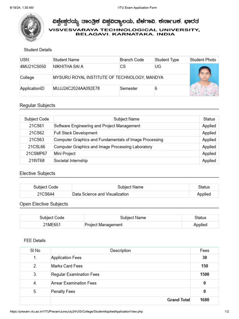 VTU Exam Application Form - Nikitha | PDF | Application Software | Computer Science