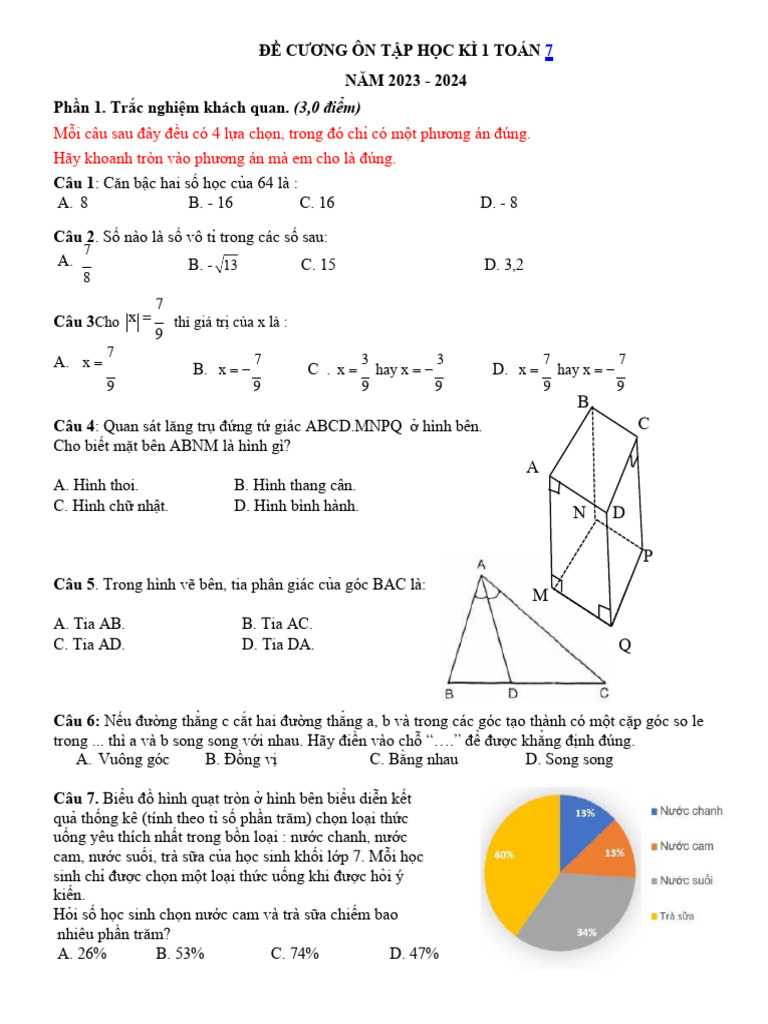 De Cuong On Tap Hoc Ki 1 Mon Toan 7 Sach Chan Troi Sang Tao | PDF
