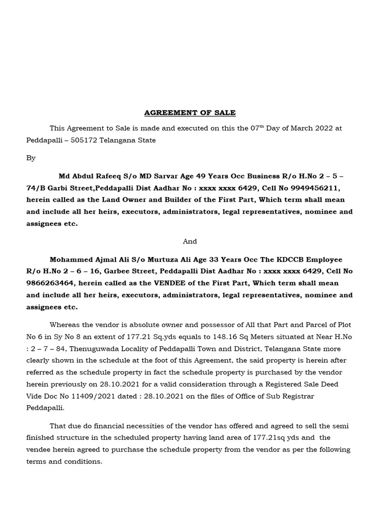 AGREEMENT of SALE (1) | PDF | Civil Law (Common Law) | Common Law