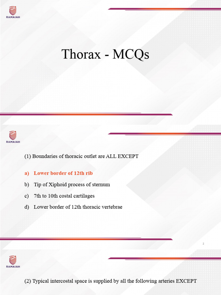 Thorax For Students - MCQs | PDF | Aorta | Coronary Circulation