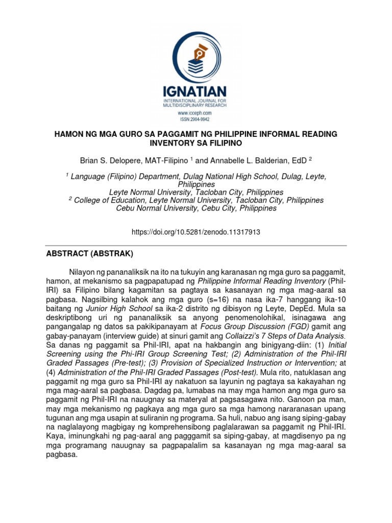 Hamon NG Mga Guro Sa Paggamit NG Philippine Informal Reading Inventory ...
