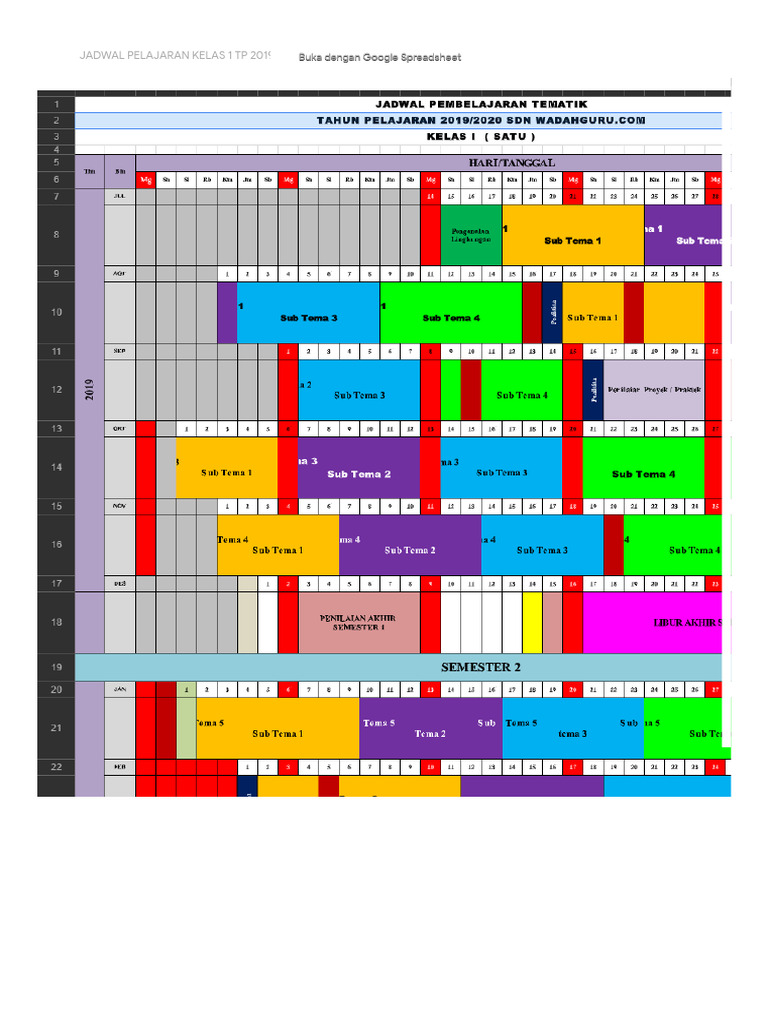 Jadwal Pelajaran Kelas 1 Tp 2019 2020 Wadahguru Com Xlsx Google