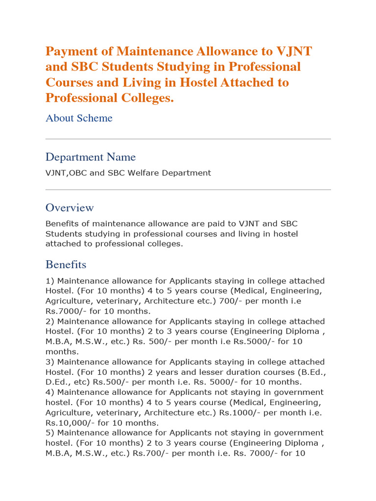 Payment of Maintenance Allowance To VJNT and SBC Students Studying in Professional Courses and ...