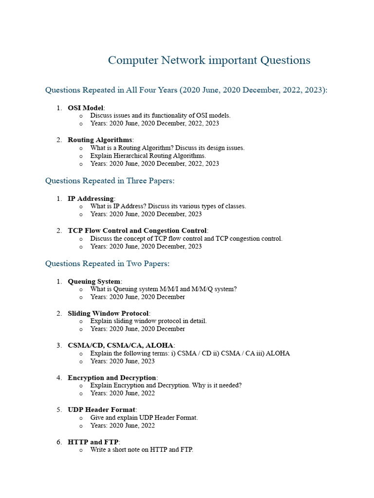 Key Computer Network Questions Guide | PDF