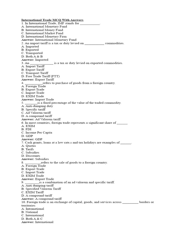 International Trade MCQ With Answers | PDF | World Trade Organization | Microsoft Excel