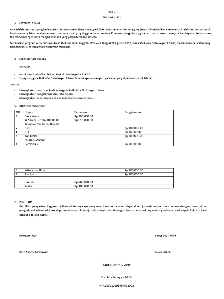 Rencana Anggaran Latihan PMR Wira | PDF