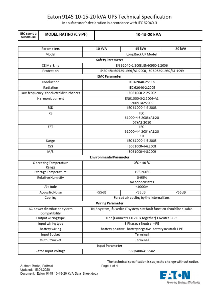 Eaton 9145 10 15 20 Kva Datasheet | PDF | Power Inverter | Electrical ...