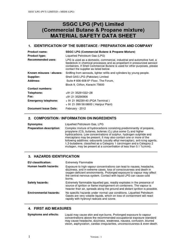 Material Safety Datasheet SSGC - LPG | PDF | Liquefied Petroleum Gas ...