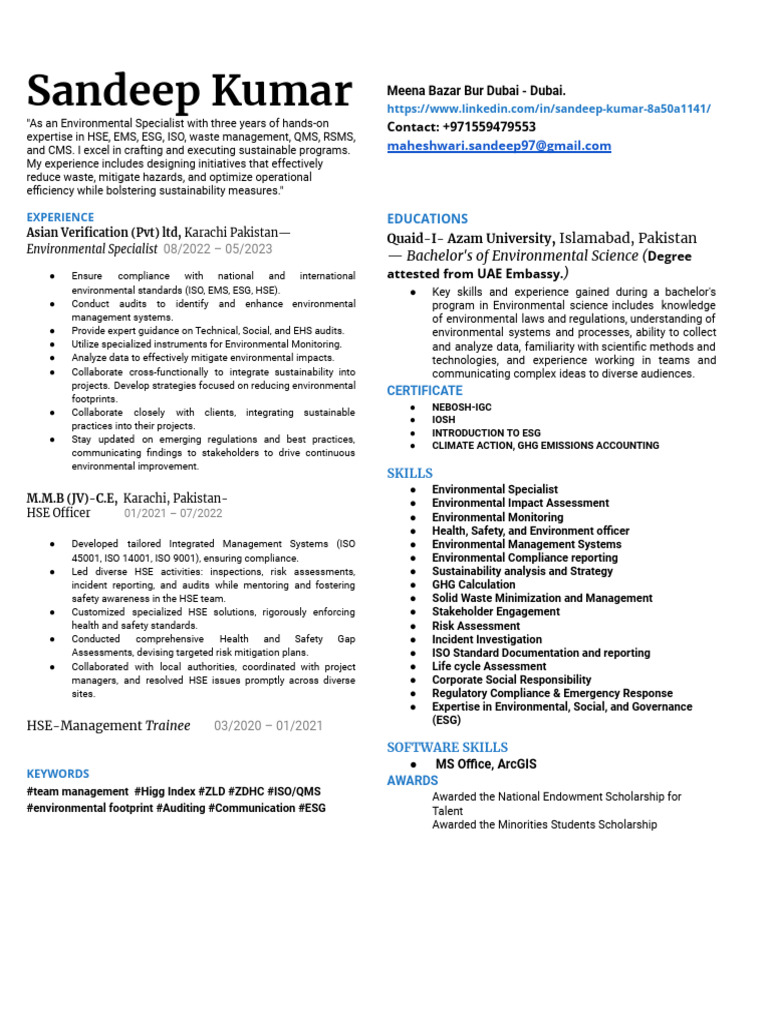 Sandeep Resume 1 1 Download Free Pdf Sustainability Regulatory