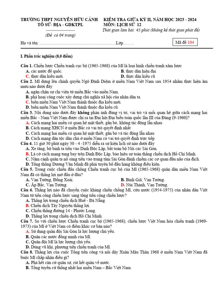 đề ktra lịch sử 12 giữa kỳ 2 2023 2024 | PDF