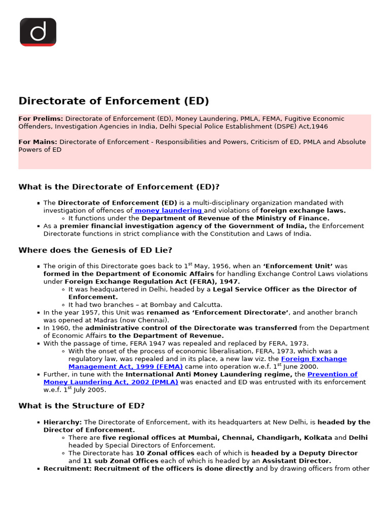 Overview of India's Enforcement Directorate | PDF | Arrest | Government ...