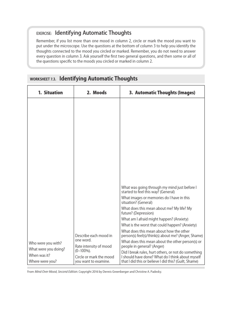 Mind Over Mood - Worksheet 7.3 - Identifying Automatic Thoughts | PDF