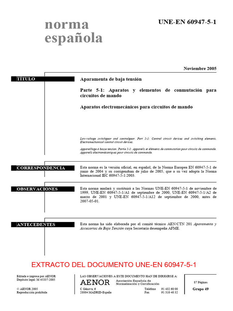 (Ex) Une en - 60947 5 1 2005 | PDF | Cambiar | Ingenieria Eléctrica