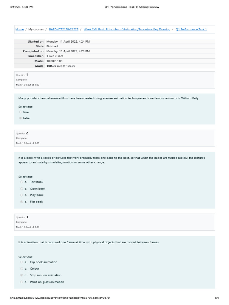 ICT2120 Animation (NC II) Part 1 Q1 Performance Task 1 - Attempt Review (10) 1 | PDF | Animation