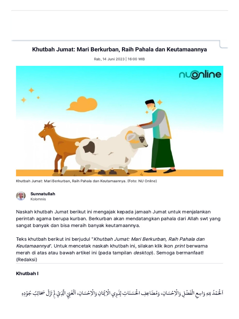 Khutbah Jumat: Mari Berkurban, Raih Pahala Dan Keutamaannya | PDF