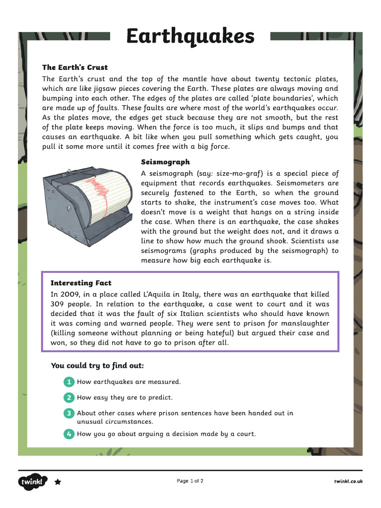 Earthquakes Differentiated Reading Comprehension Activity | PDF | Plate ...