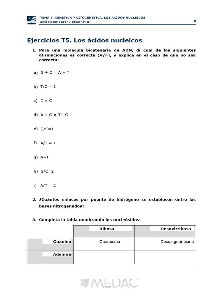 Ejercicios_T5_alumnos | PDF | Ácidos nucleicos | Adn