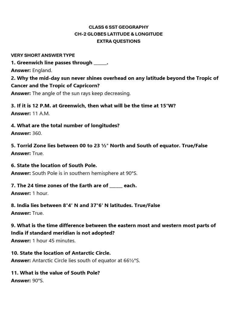 Class 6 Geo CH 2 Extra Questions | PDF | Latitude | Equator