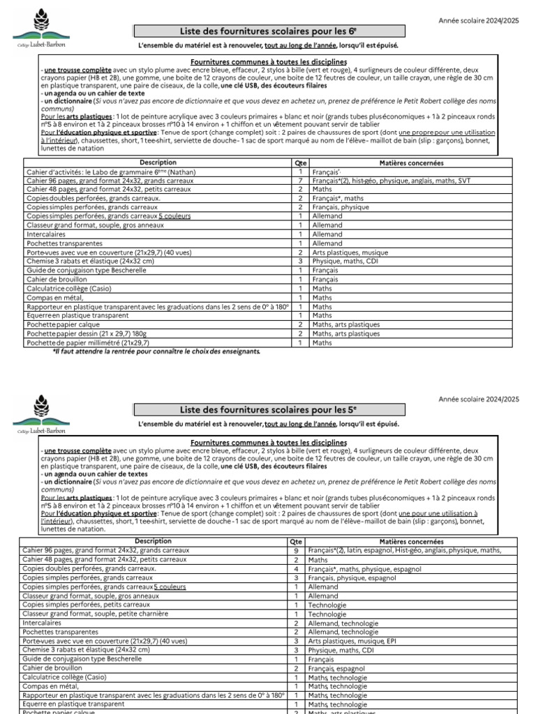 Fournitures COLLEGE 2024-2025 | PDF