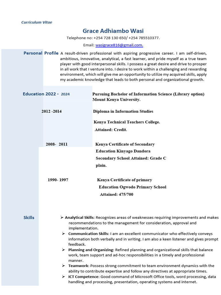 Grace Edited CV 2024 | PDF | Libraries | Books