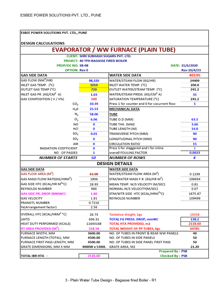 Bagasse Fired Boiler Design Calculations | PDF | Reynolds Number | Boiler
